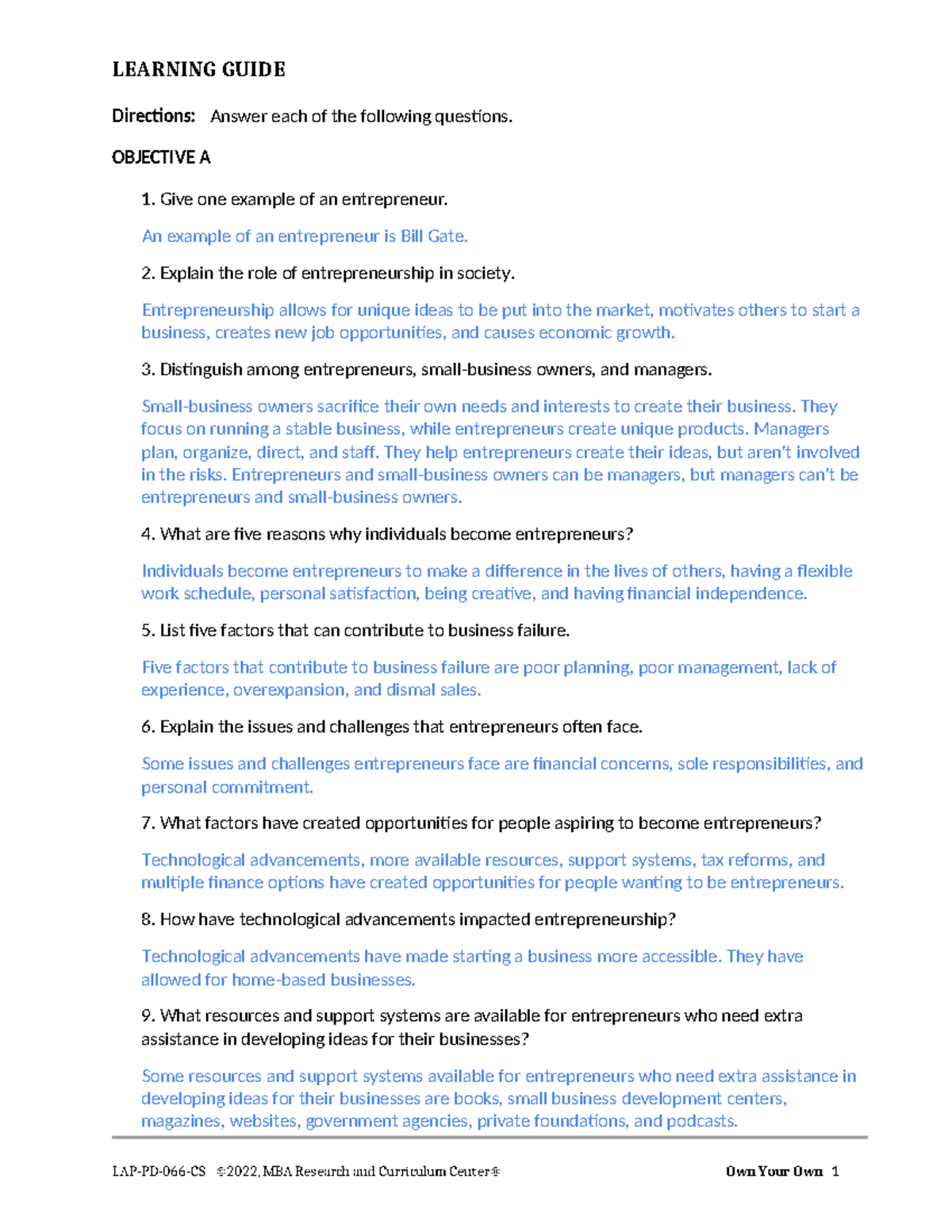 1.1 Learning Guide Own Your Own-1 - LEARNING GUIDE Directions: Answer ...