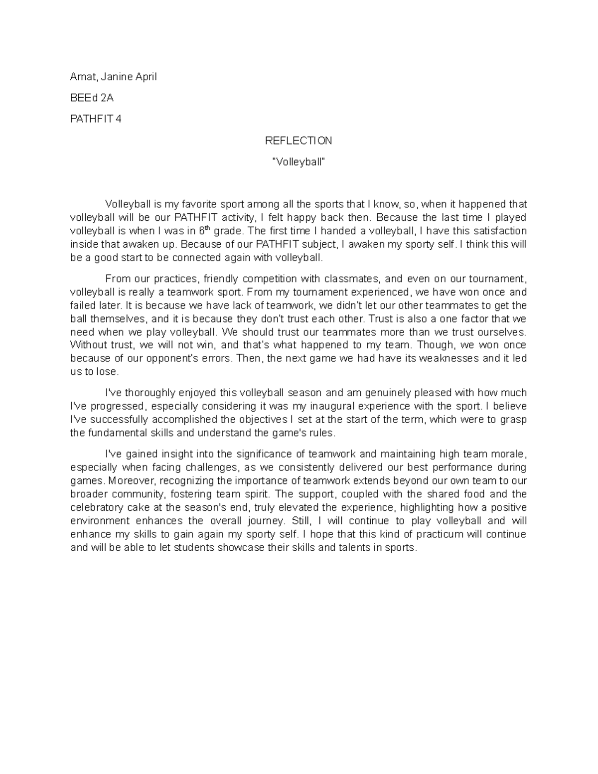 Pathfit reflection volleyball - Amat, Janine April BEEd 2A PATHFIT 4 ...