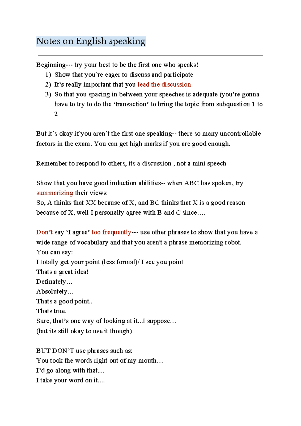 Notes on English speaking - Notes on English speaking Beginning- try ...