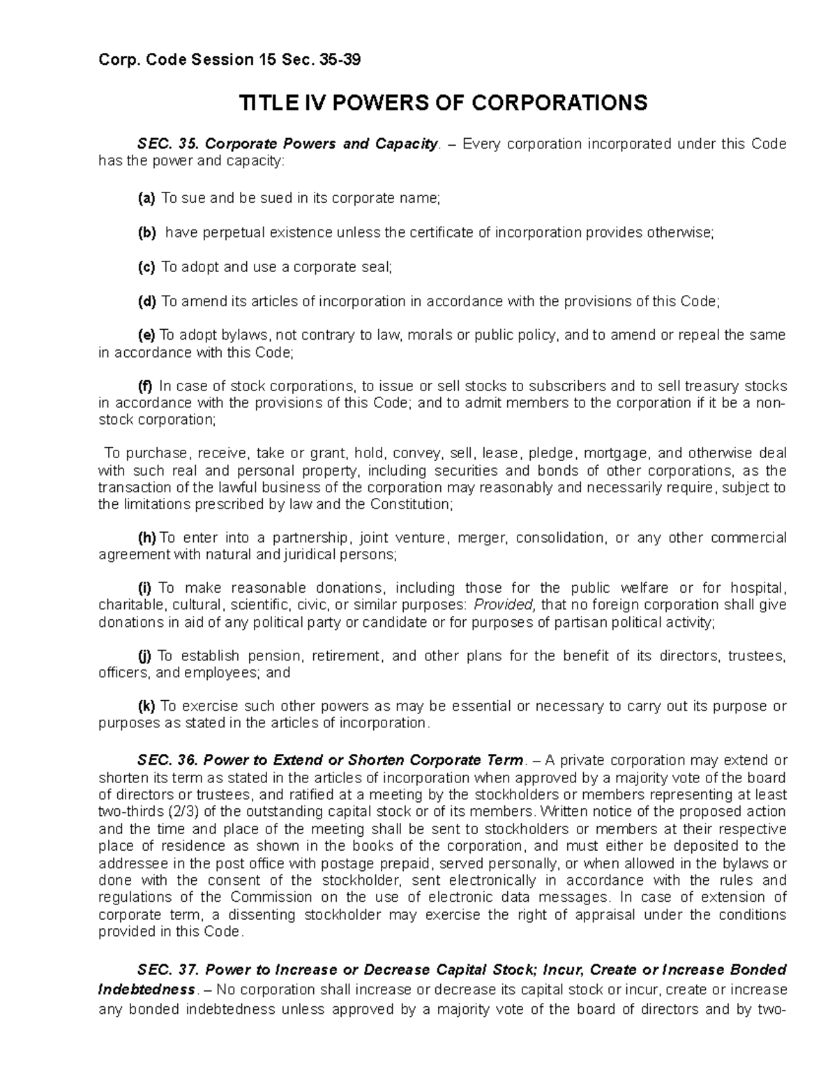 Readings-BL-03 - Readings - Corp. Code Session 15 Sec. 35- TITLE IV ...