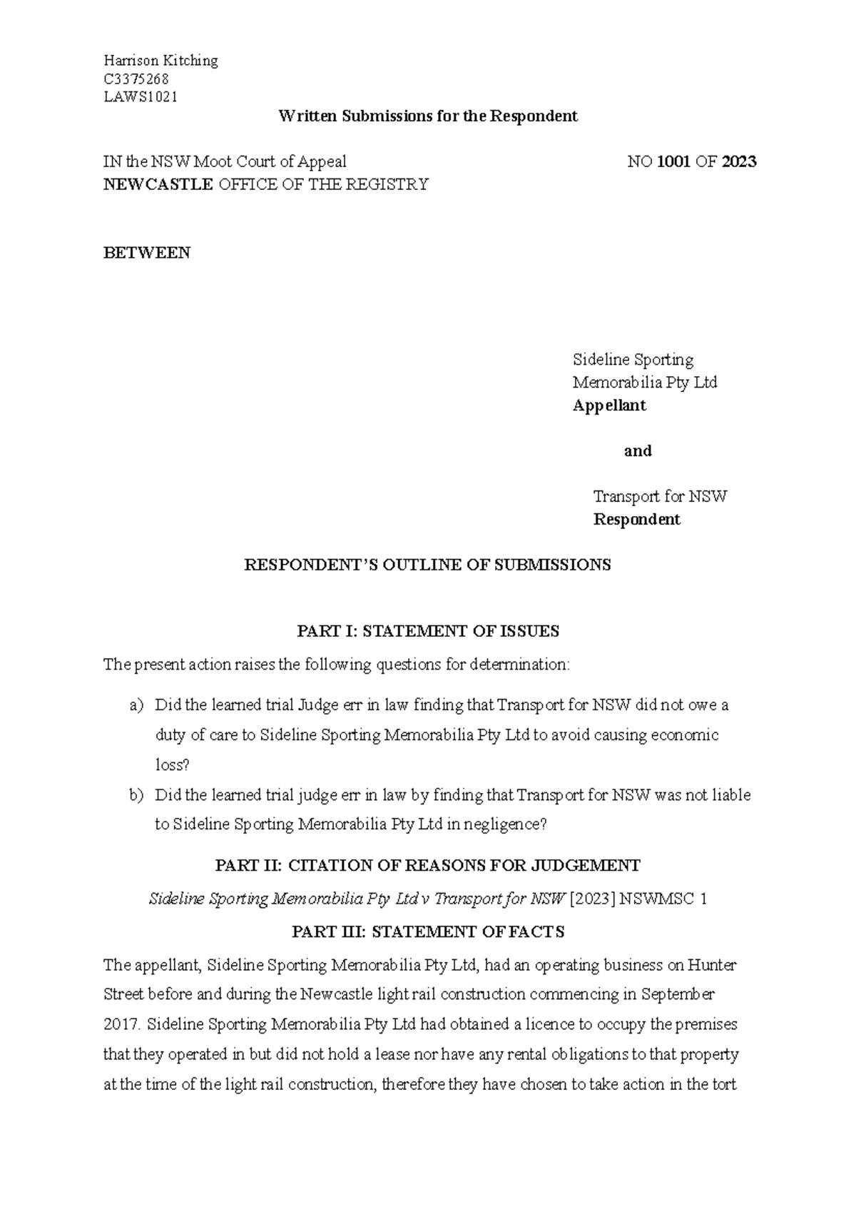 Moot - Torts II - Respondent Submissions - C LAWS Written Submissions ...