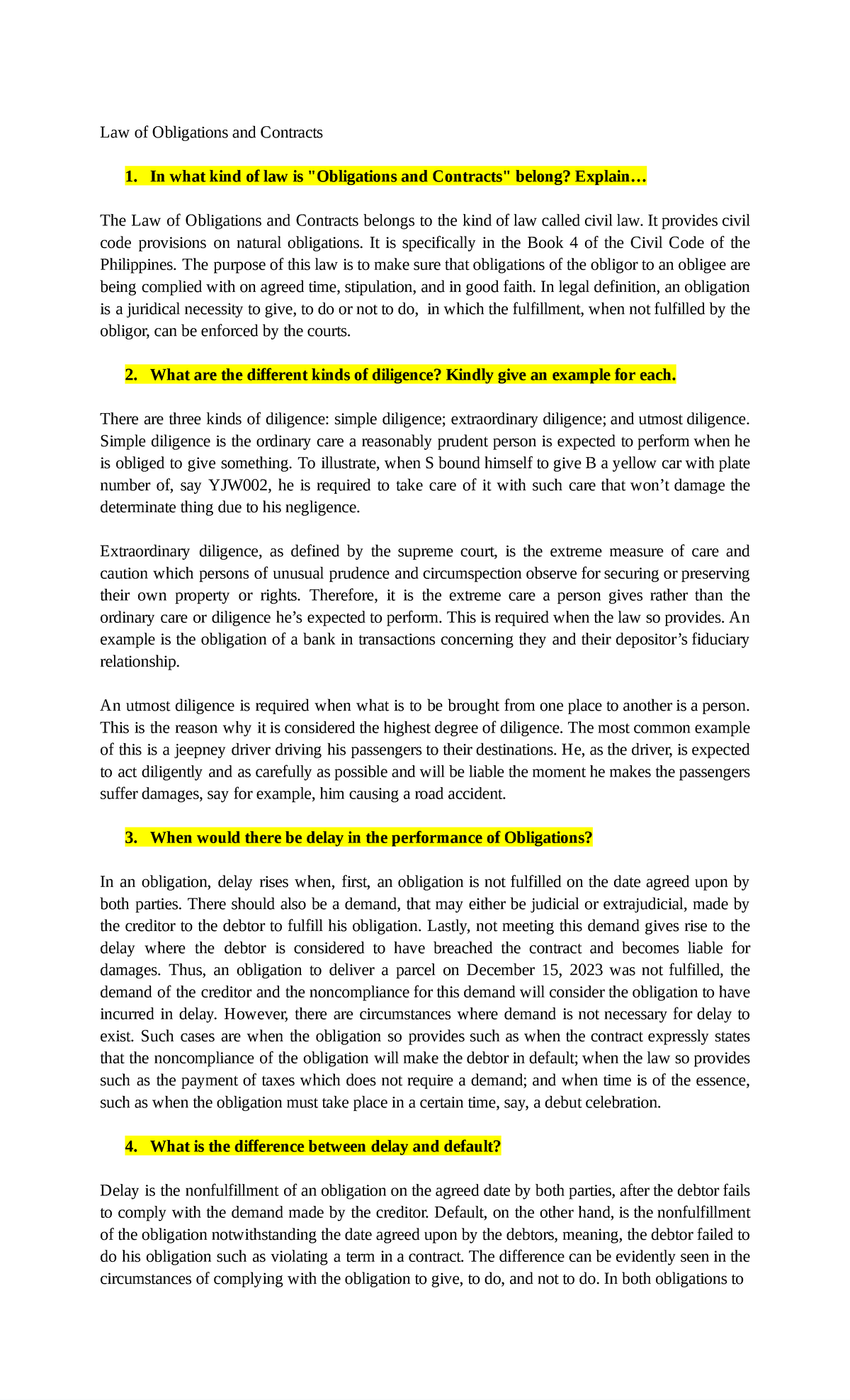 Oblicon Midterm Assignment - Law of Obligations and Contracts 1. In ...