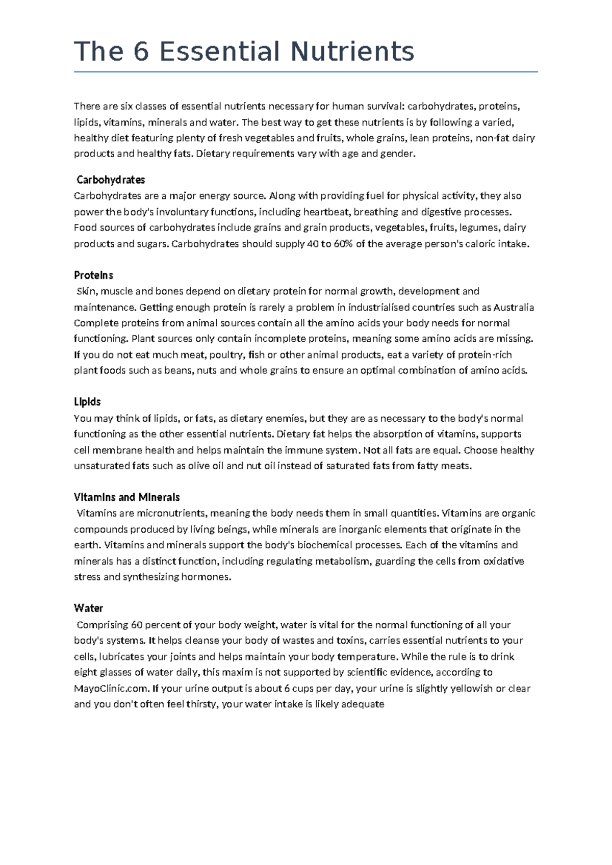 The 6 Nutrients Worksheets - The 6 Essential Nutrients There are six ...