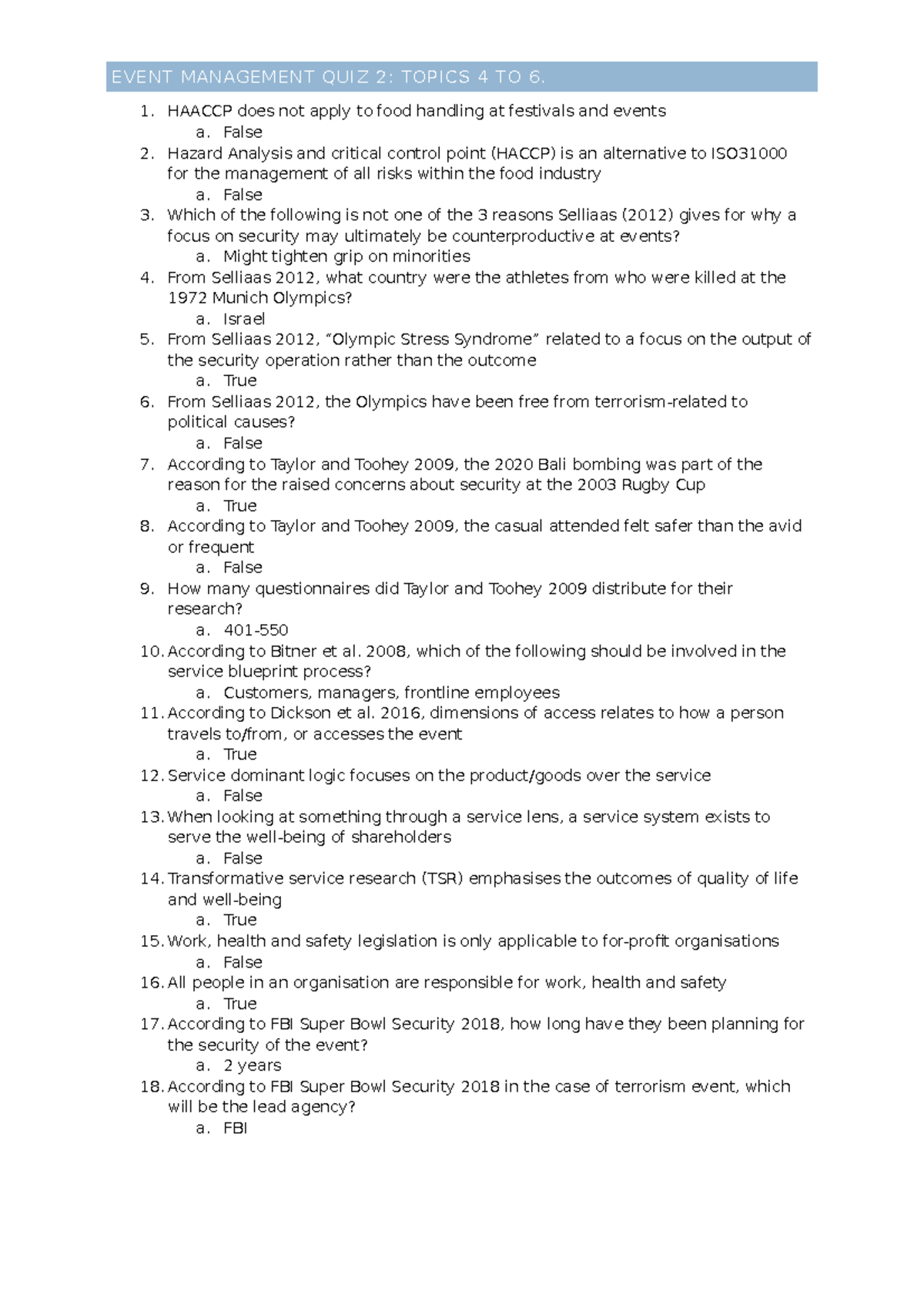 EM QUIZ 2 Quiz 2 For Event Management Topics 4 To 6 EVENT 