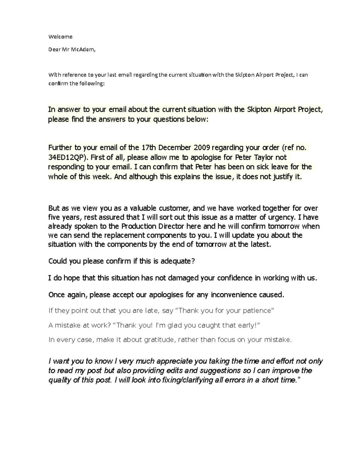 Dear Mr Mc Adam - ffdg - Welcome Dear Mr McAdam, With reference to your ...