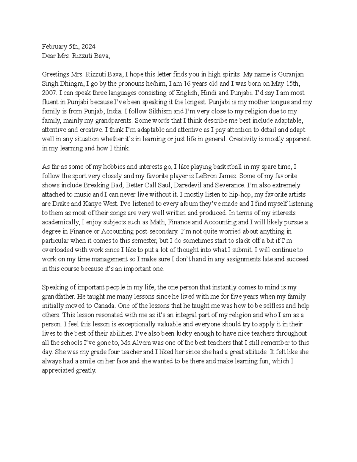 Letter of Introduction (Final Copy) - February 5th, 2024 Dear Mrs ...