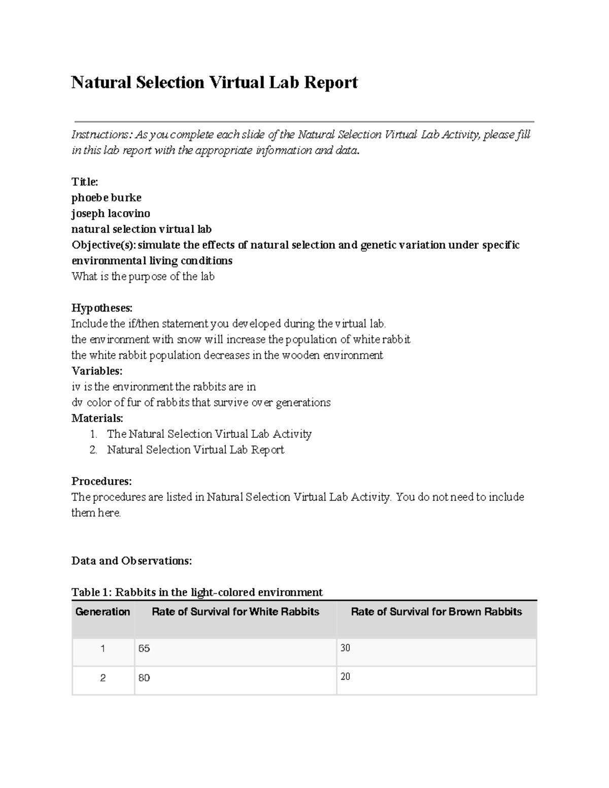 05 02 natural selection lab report FLVS BIOLOGY STANDERED. - Natural ...