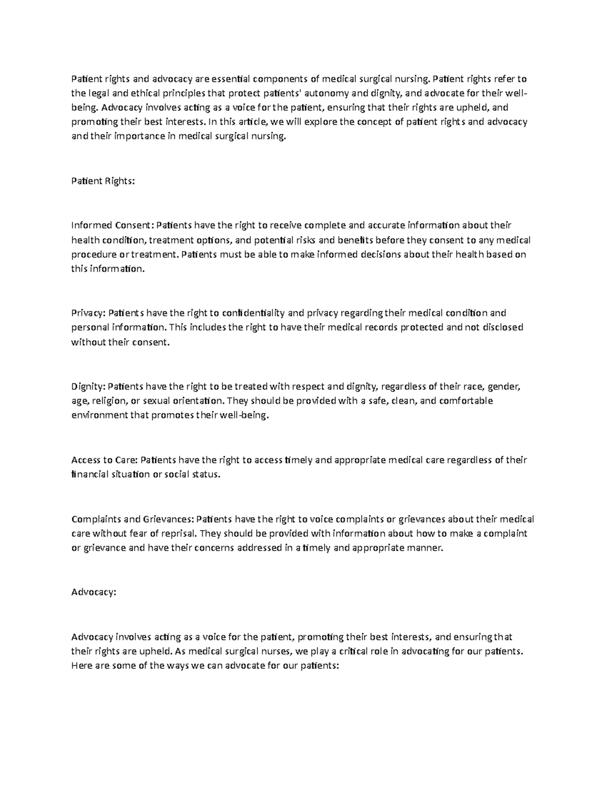 Patient rights and advocacy are essential components of medical ...