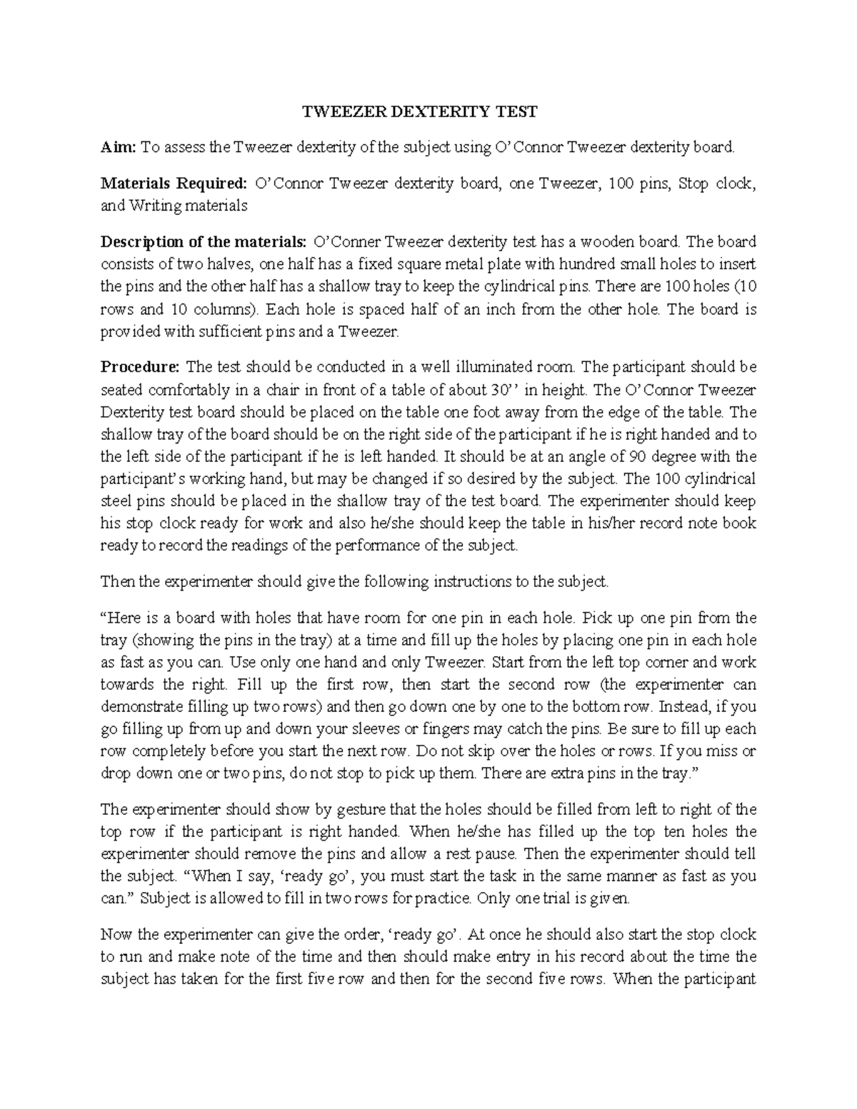 Tweezer dexterity - Materials Required: O’Connor Tweezer dexterity ...