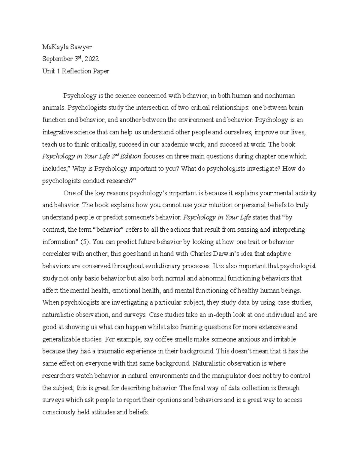 Unit 1's Reflection Paper - MaKayla Sawyer September 3rd, 2022 Unit 1 ...