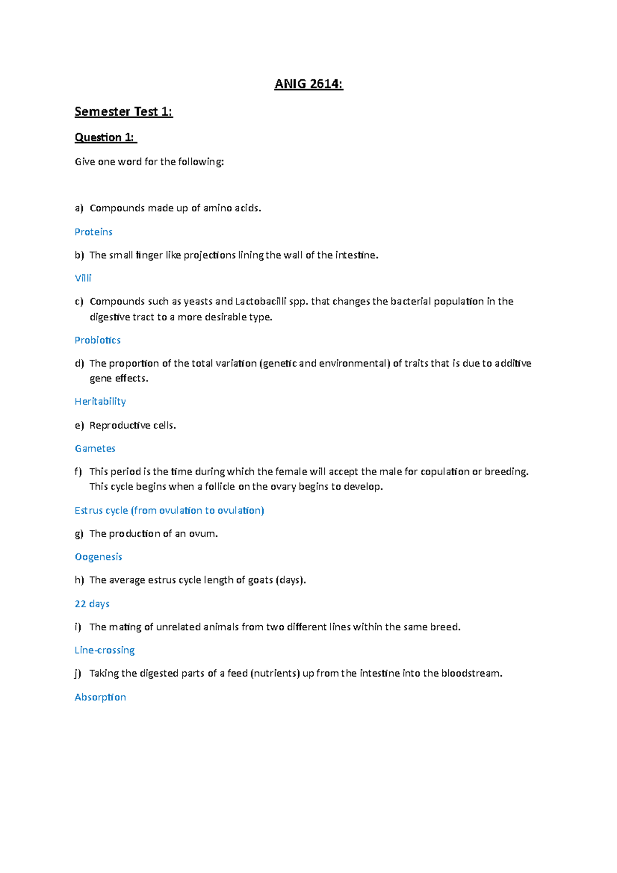 ANIG 2614 Semester Test 1 2017 - ANIG 2614: Semester Test 1: Question 1 ...