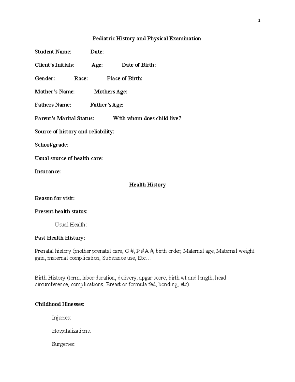 Pediatric Template for Independent Peds Exam Geri K. 2 - Pediatric ...