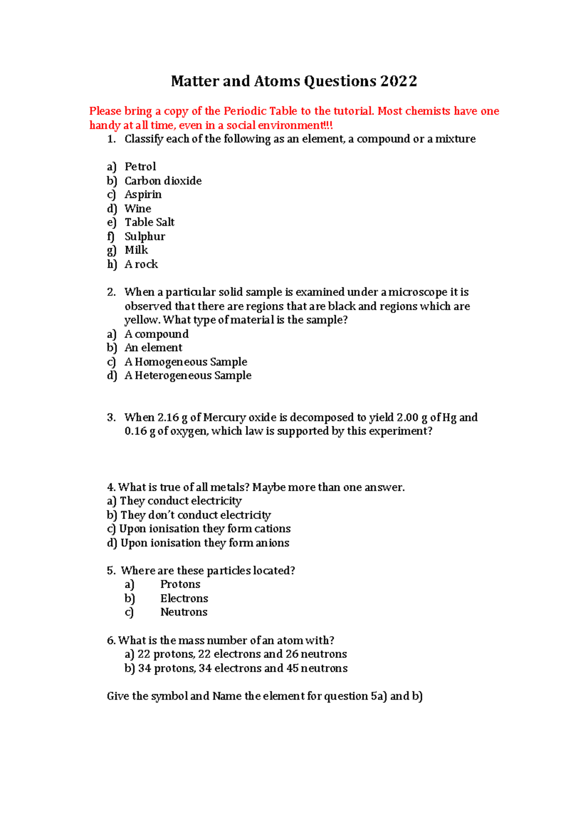 CHEM1003 Workshop 1 Questions - Matter and the Atom - Matter and Atoms ...