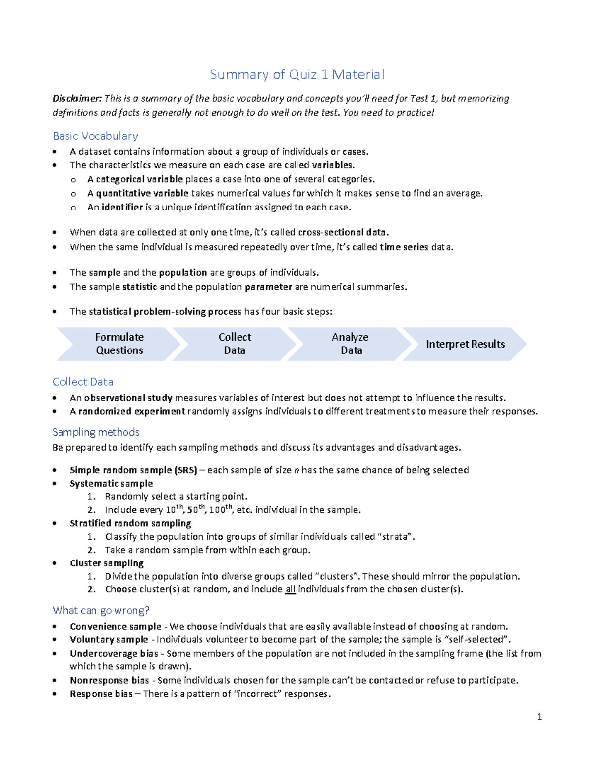 Summary of Quiz 1 material - 1 Summary of Quiz 1 Material Disclaimer ...