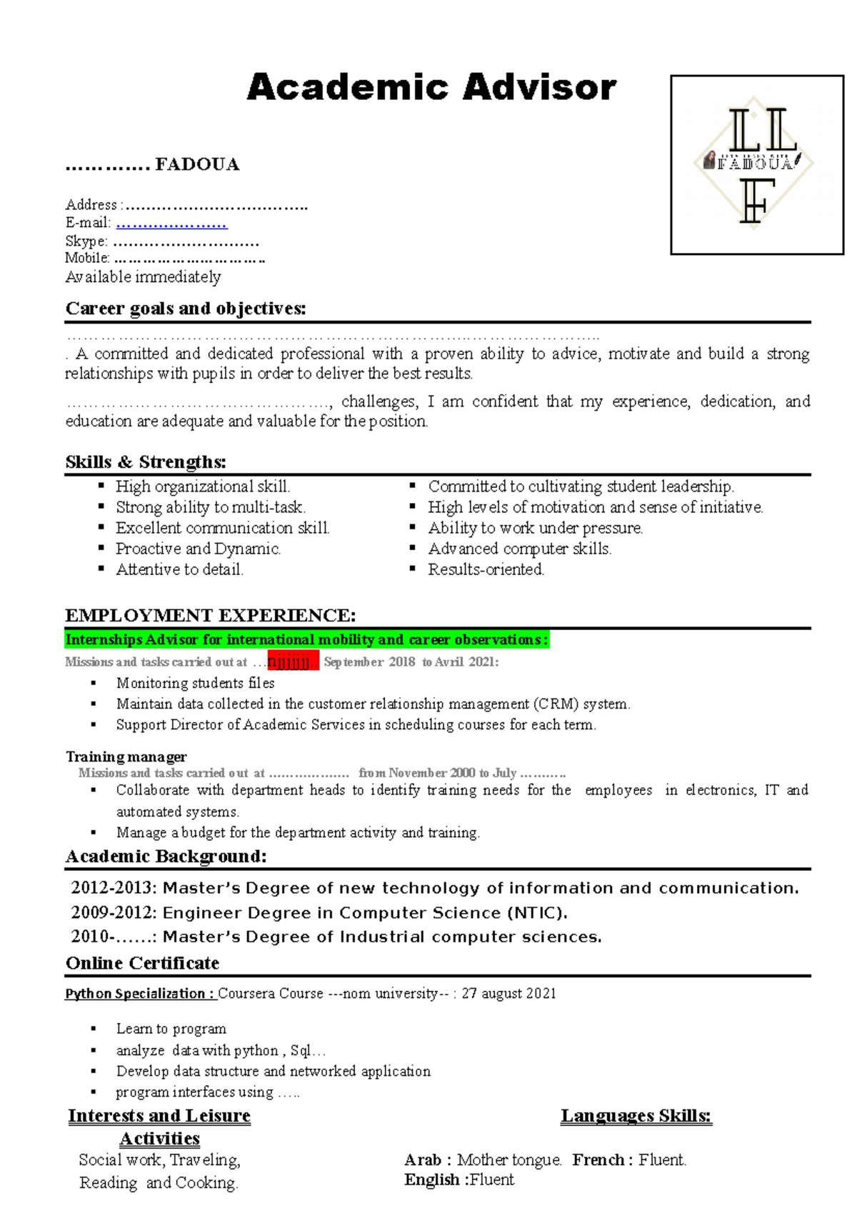 Resume Template of fadoua - informatique - Studocu