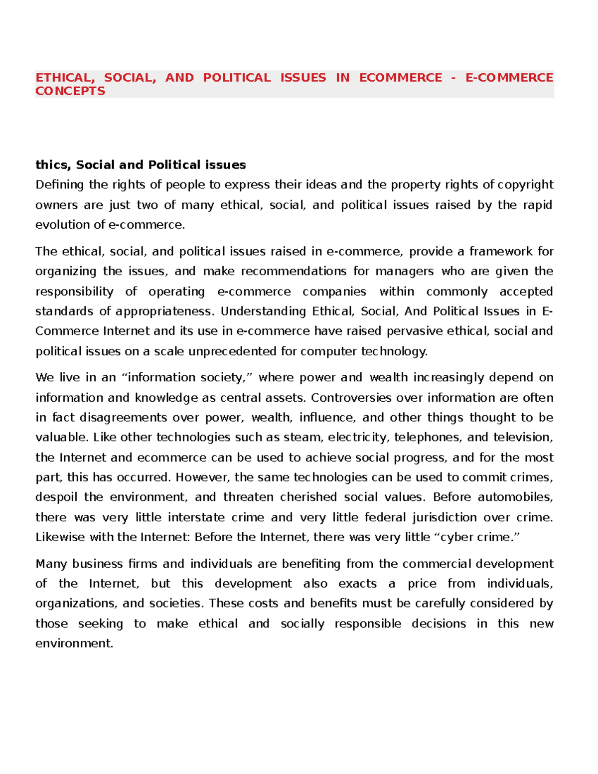 9. Ethical Social AND Political Issues IN E Commerce - ETHICAL, SOCIAL ...