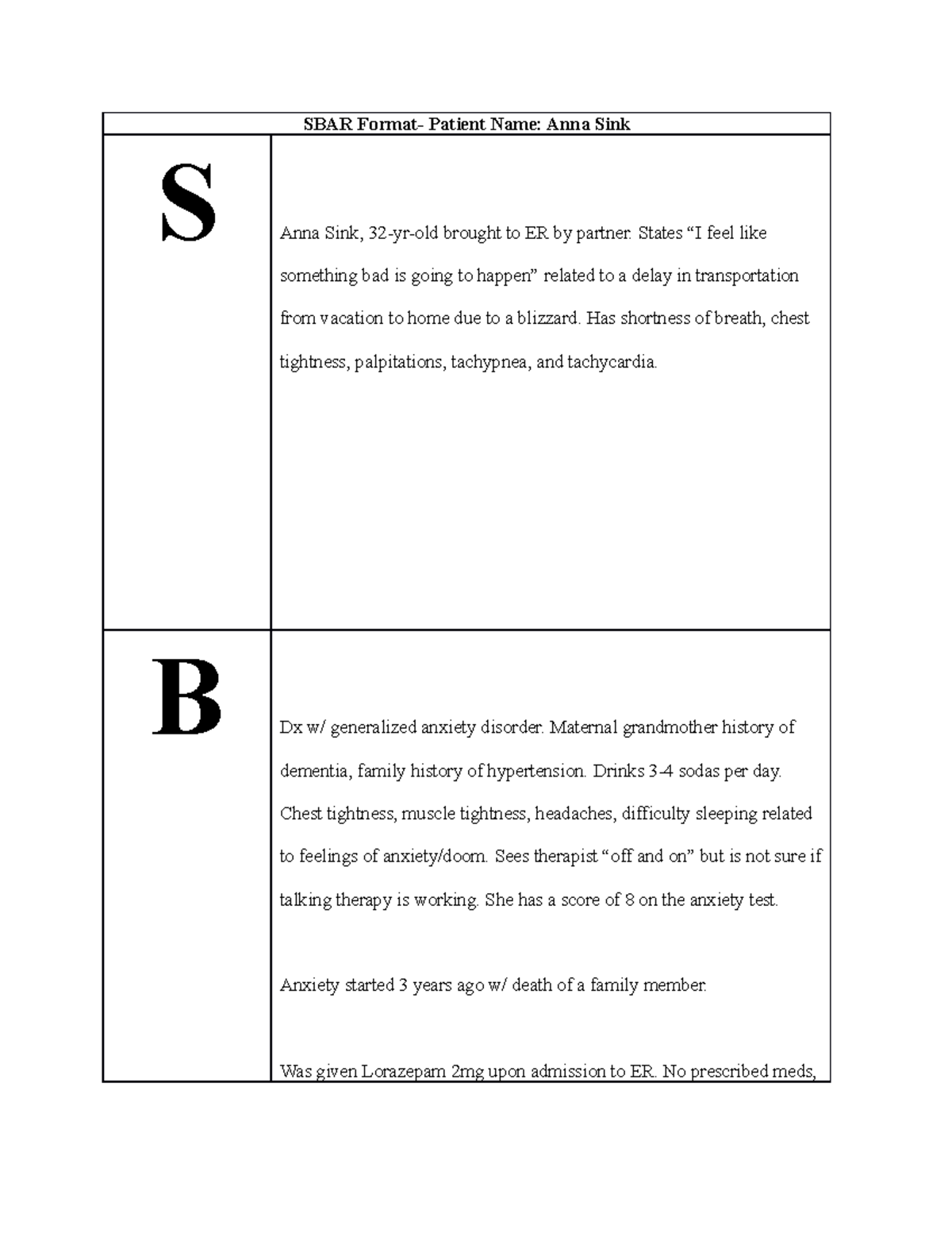 SBAR Format- Anna Sink - SBAR for Anna Sink in class assignment for ...