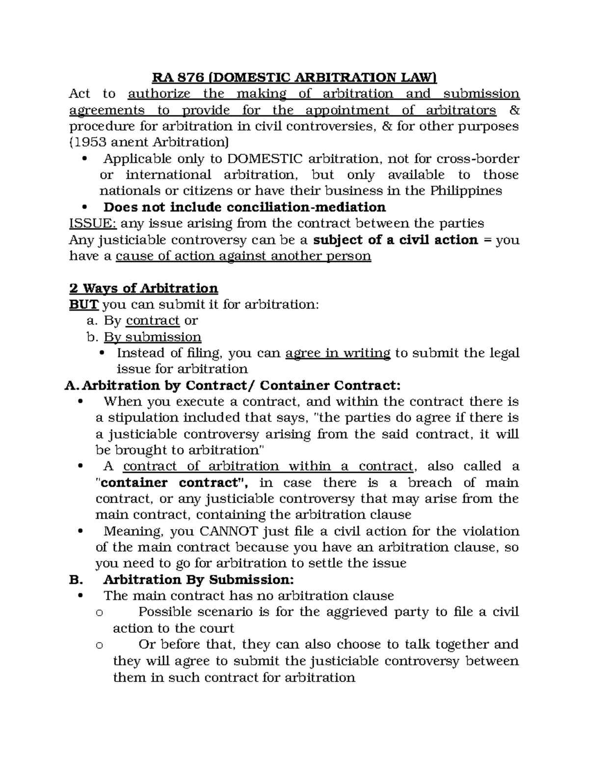 RA 876 - Domestic Arbit - RA 876 (DOMESTIC ARBITRATION LAW) Act to ...