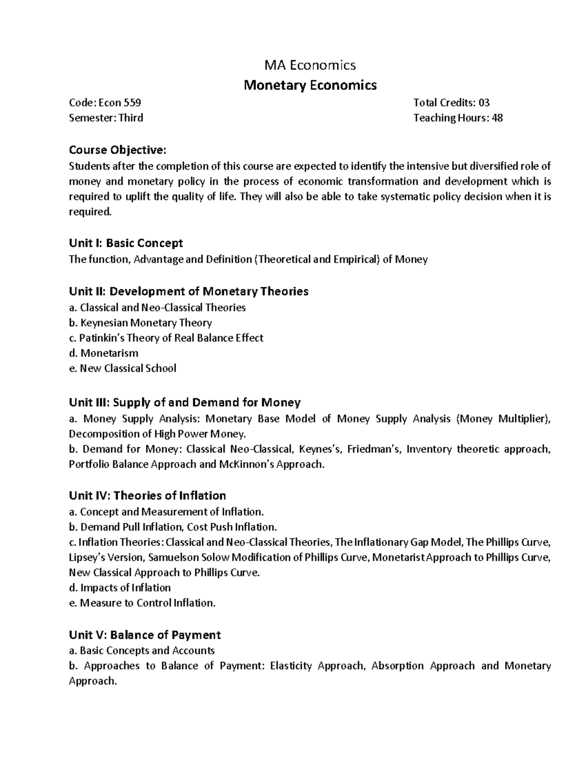 Third Sem Syllabus-19760 - MA Economics Monetary Economics Code: Econ ...