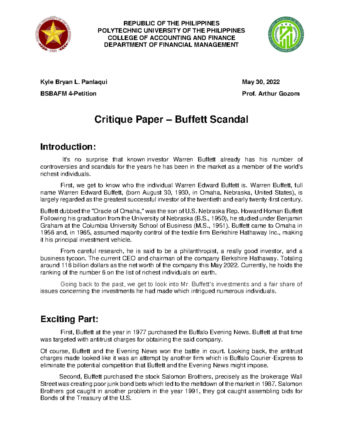 Panlaqui, Kyle L. - Critique Paper - REPUBLIC OF THE PHILIPPINES ...