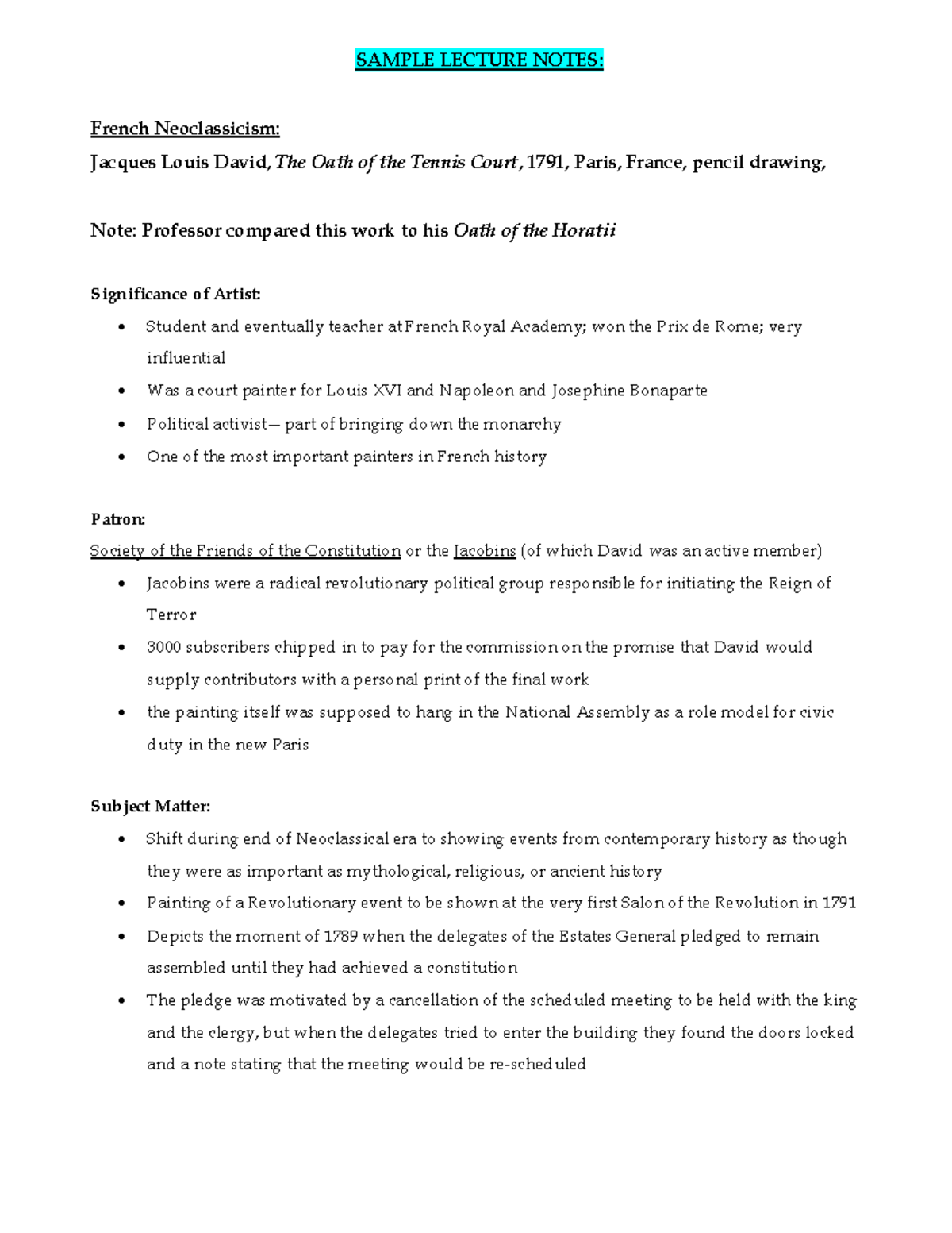 Sample Lecture Notes - SAMPLE LECTURE NOTES: French Neoclassicism ...