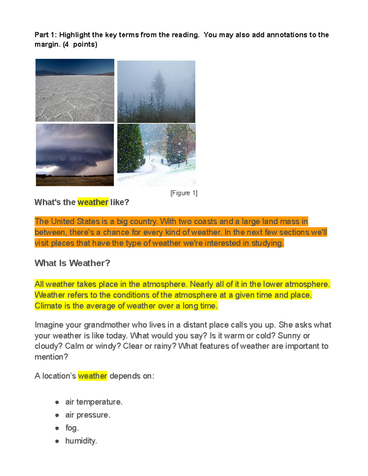 Introduction to Weather and Climate - Part 1: Highlight the key terms ...