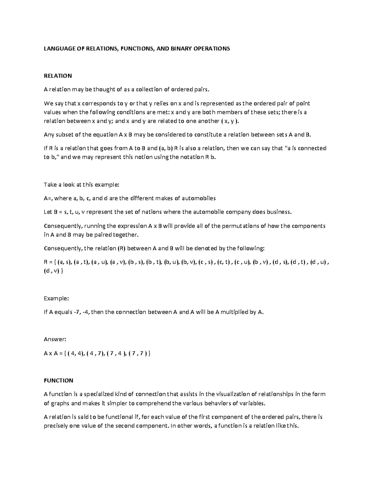 Language OF Relations, Functions, AND Binary Operations - LANGUAGE OF RELATIONS, FUNCTIONS, AND ...
