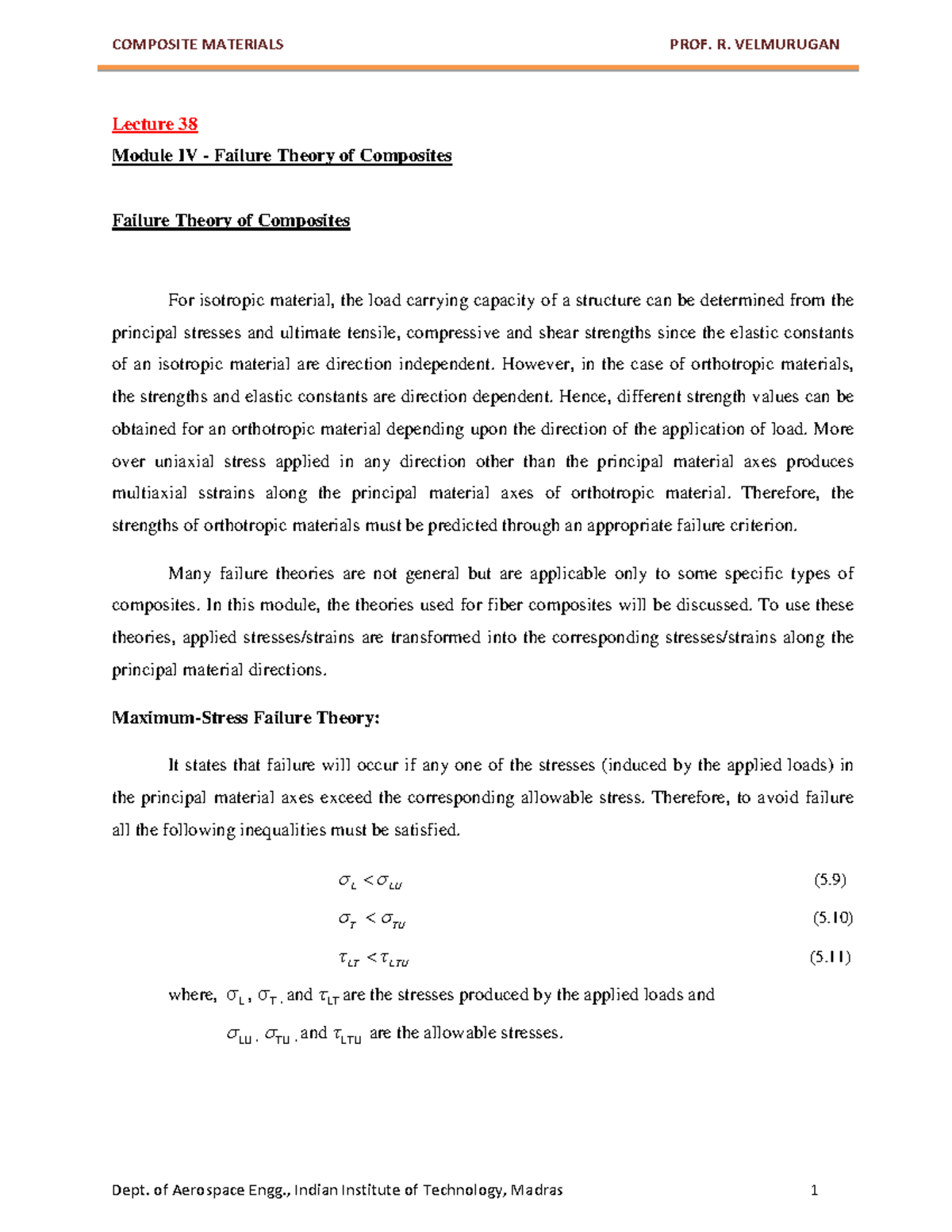 Mod04lec04 - Lecture 38 Module IV - Failure Theory of Composites ...