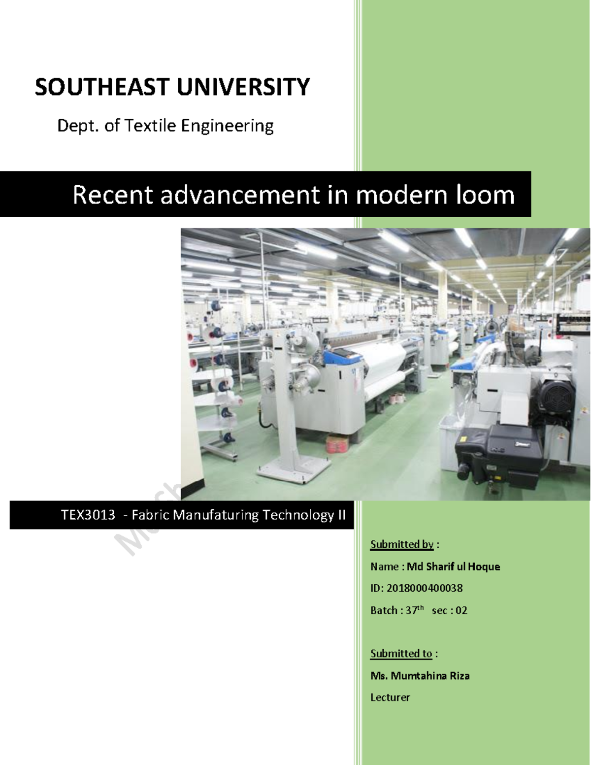 Recent advancement in modern loom f - SOUTHEAST UNIVERSITY Dept. of ...