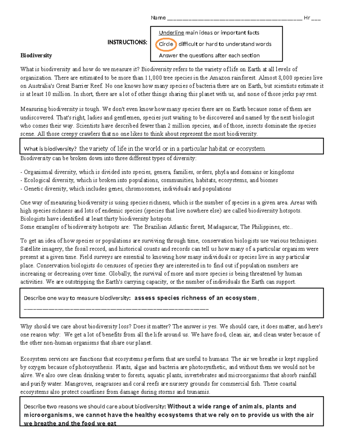 Biodiversity - Article Activity-1 - Biodiversity What is biodiversity ...