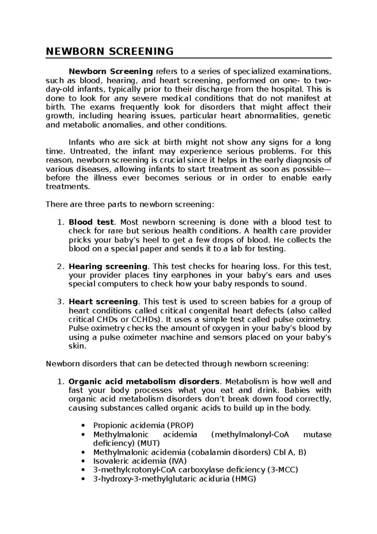 Case study assignment - NEWBORN SCREENING Newborn Screening refers to a ...