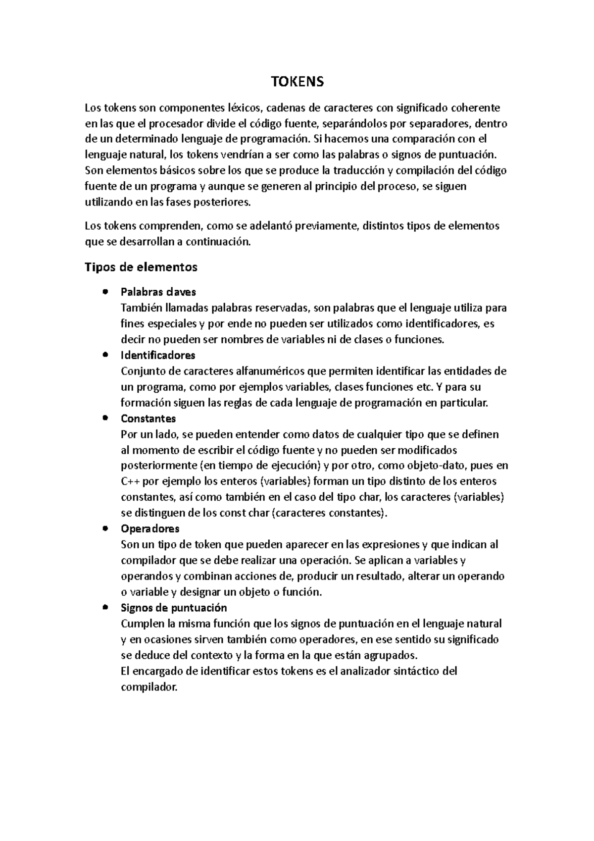 Tarea S03 - Tokens - TOKENS Los tokens son componentes léxicos, cadenas ...