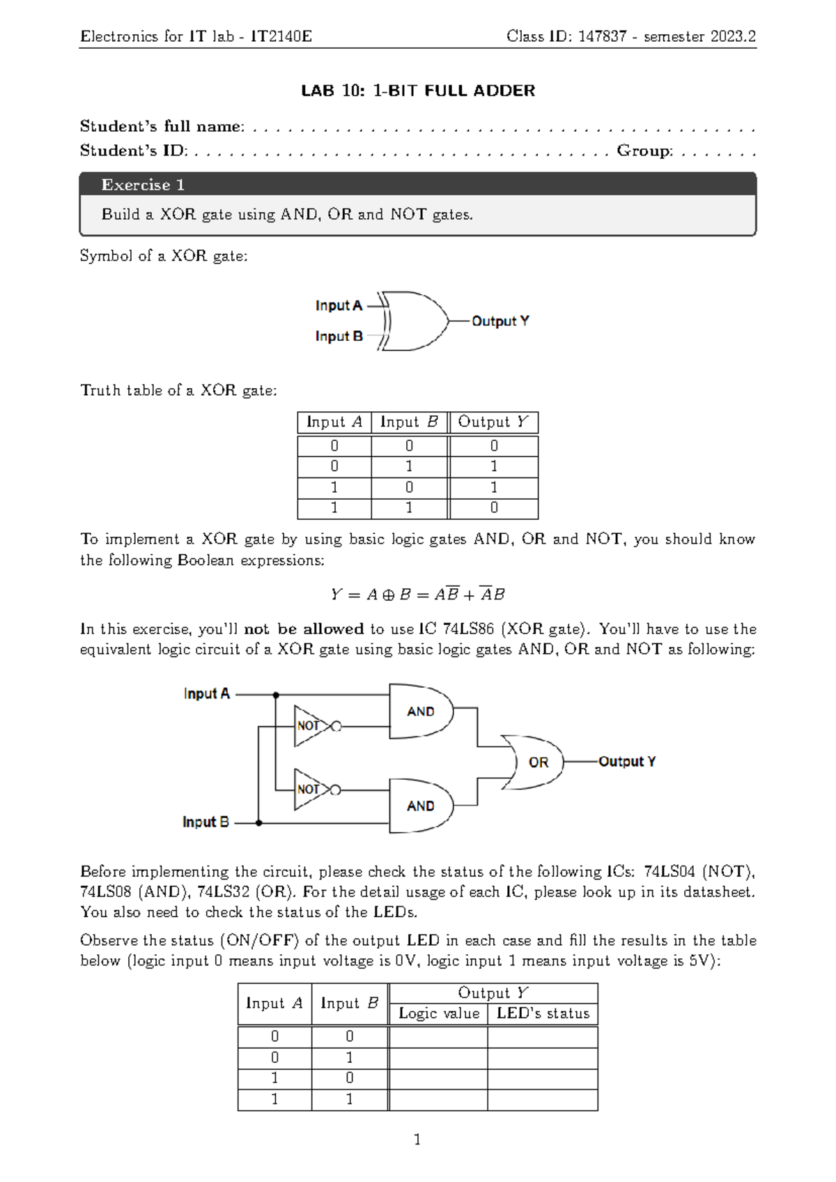 Lab10 IT2140 E - abc - LAB 10: 1-BIT FULL ADDER Student’s full - Studocu