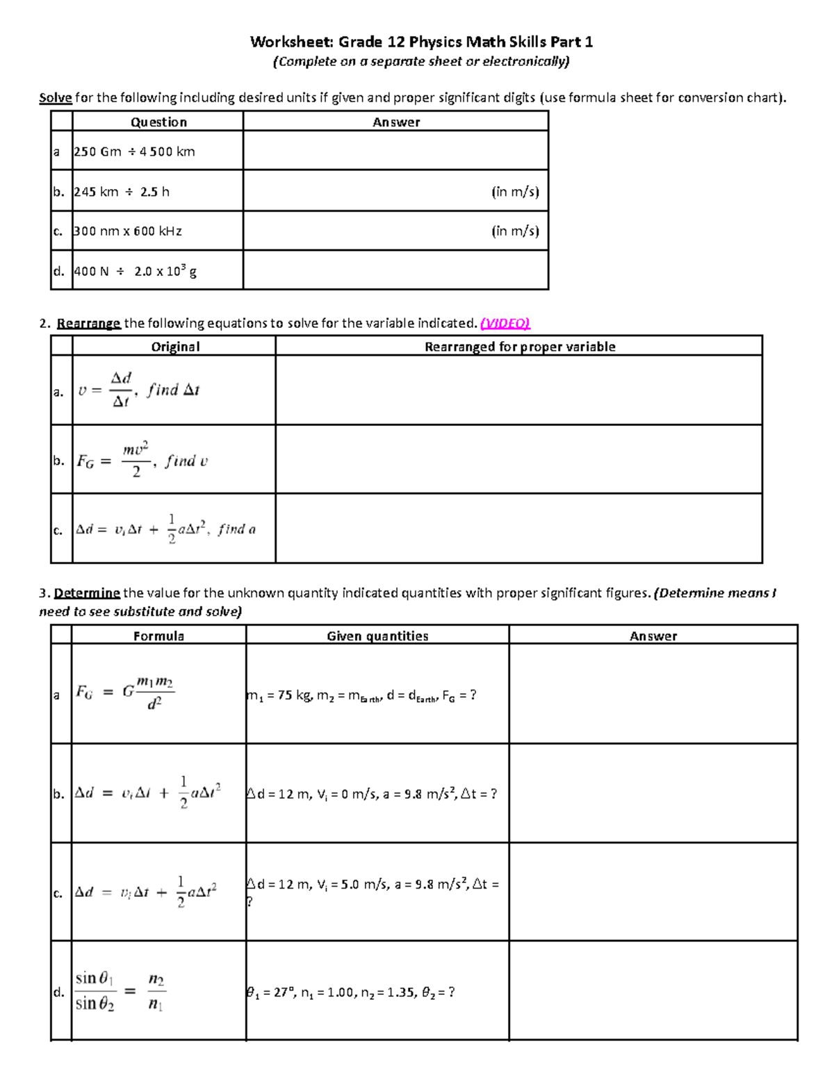 Copy of Worksheet Grade 12 Physics Math Skills Part 1 - Worksheet ...