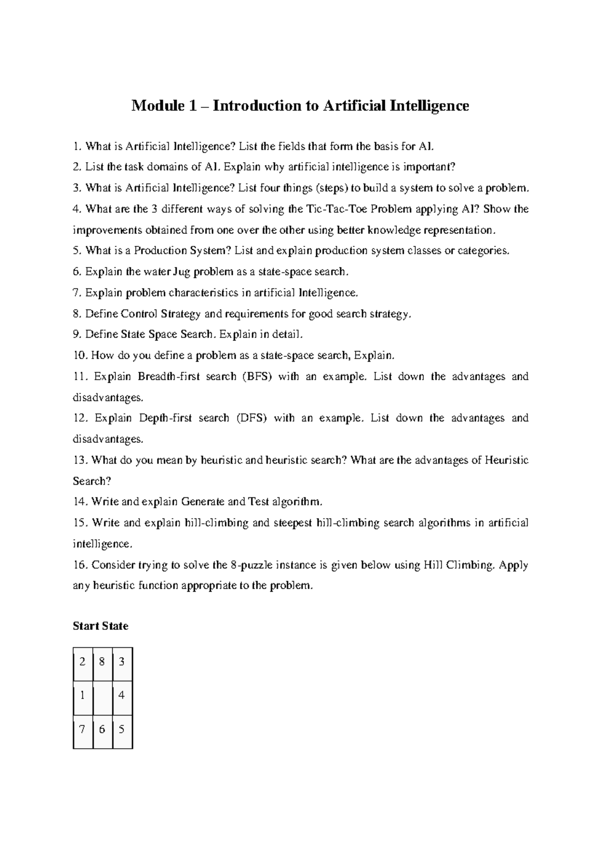 18cs71 Modulewise question bank - Module 1 – Introduction to Artificial Intelligence What is ...