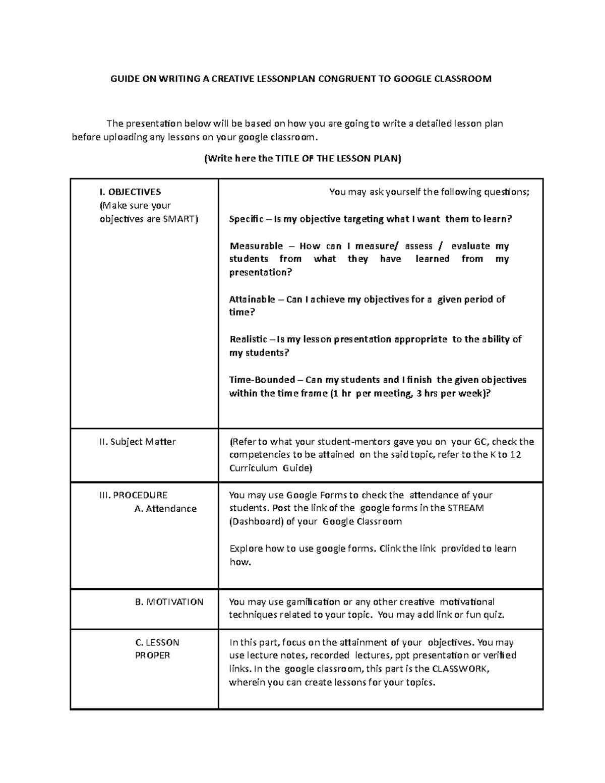 Guide ON Writing A Creative Lessonplan Congruent TO Google Classroom ...