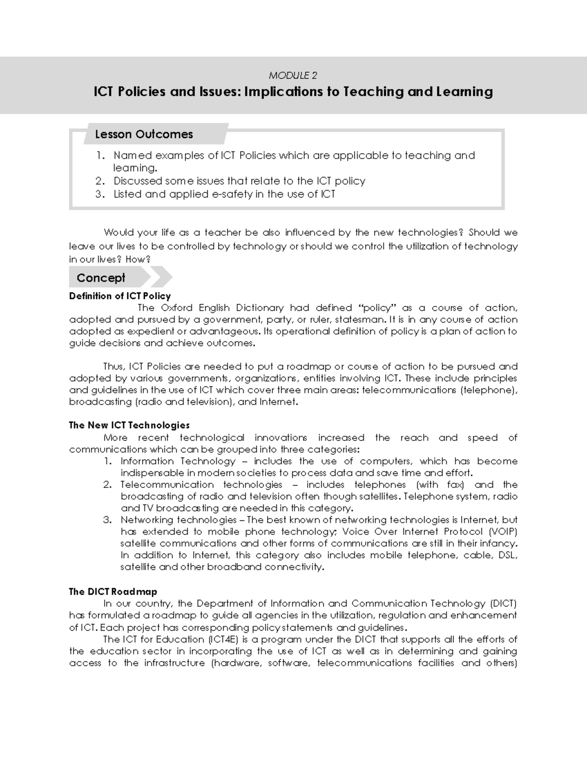 ICT Policies - Lecture notes 3 - MODULE 2 ICT Policies and Issues ...