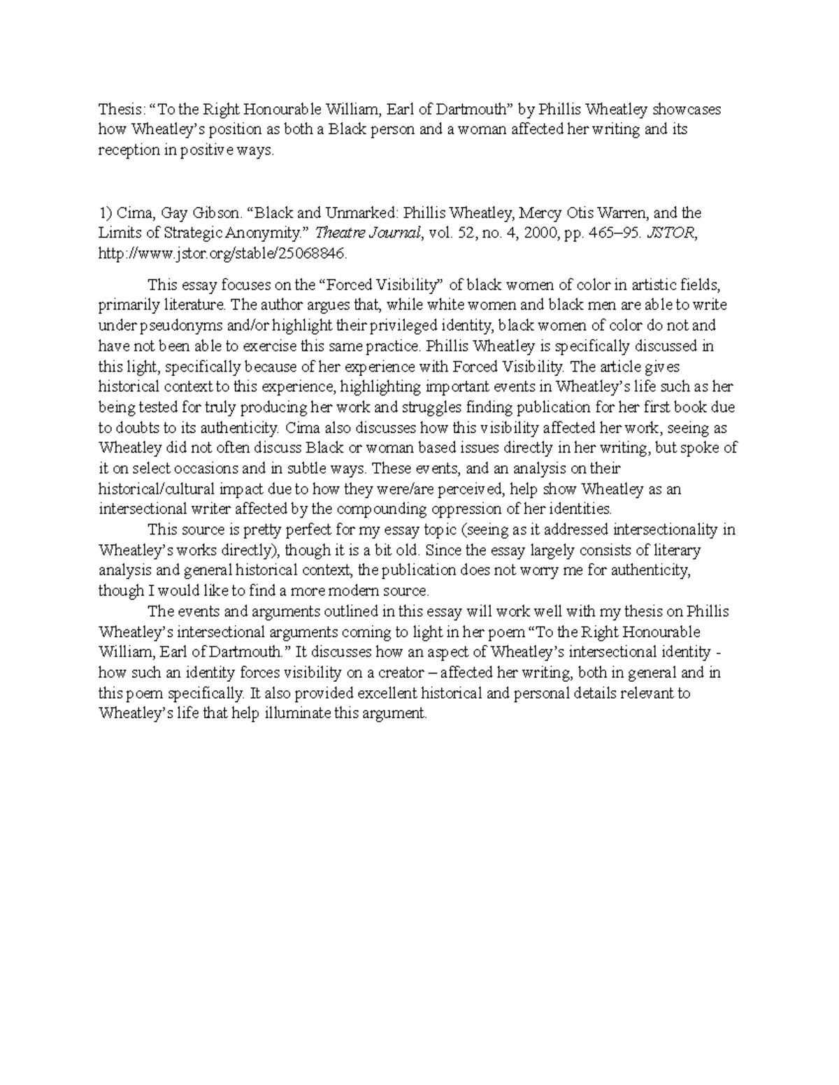 Early American Writing Project - Annotated Bibliography - Thesis: “To ...