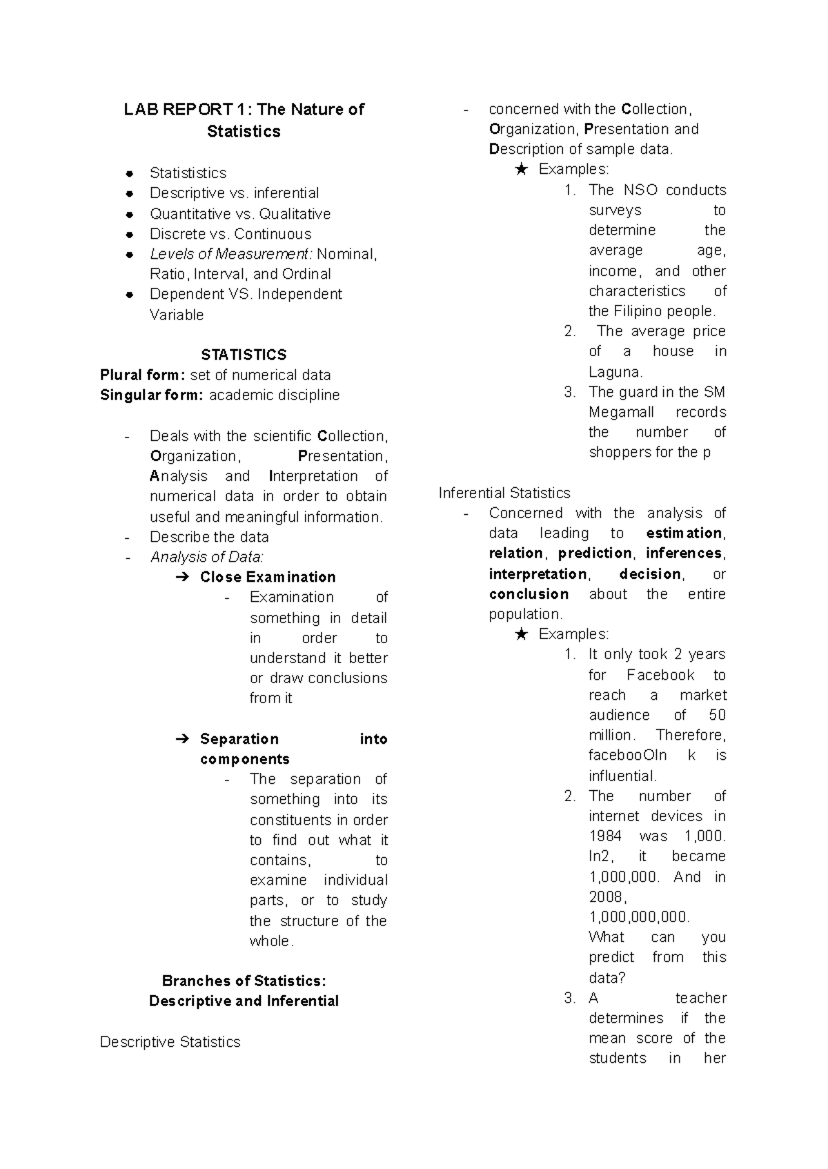 LAB Report 1 The Nature of Statistics - LAB REPORT 1: The Nature of ...