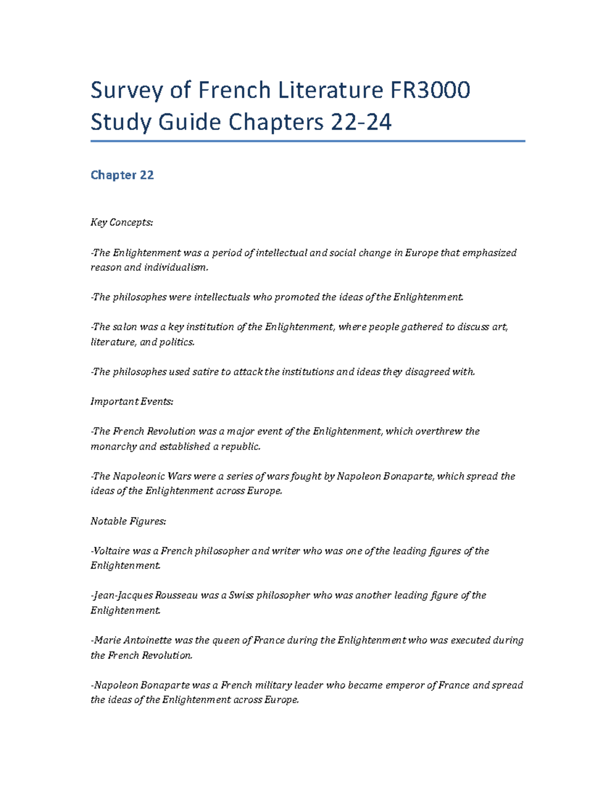 Survey of French Literature Study Guide Chapters 22-24 - Studocu