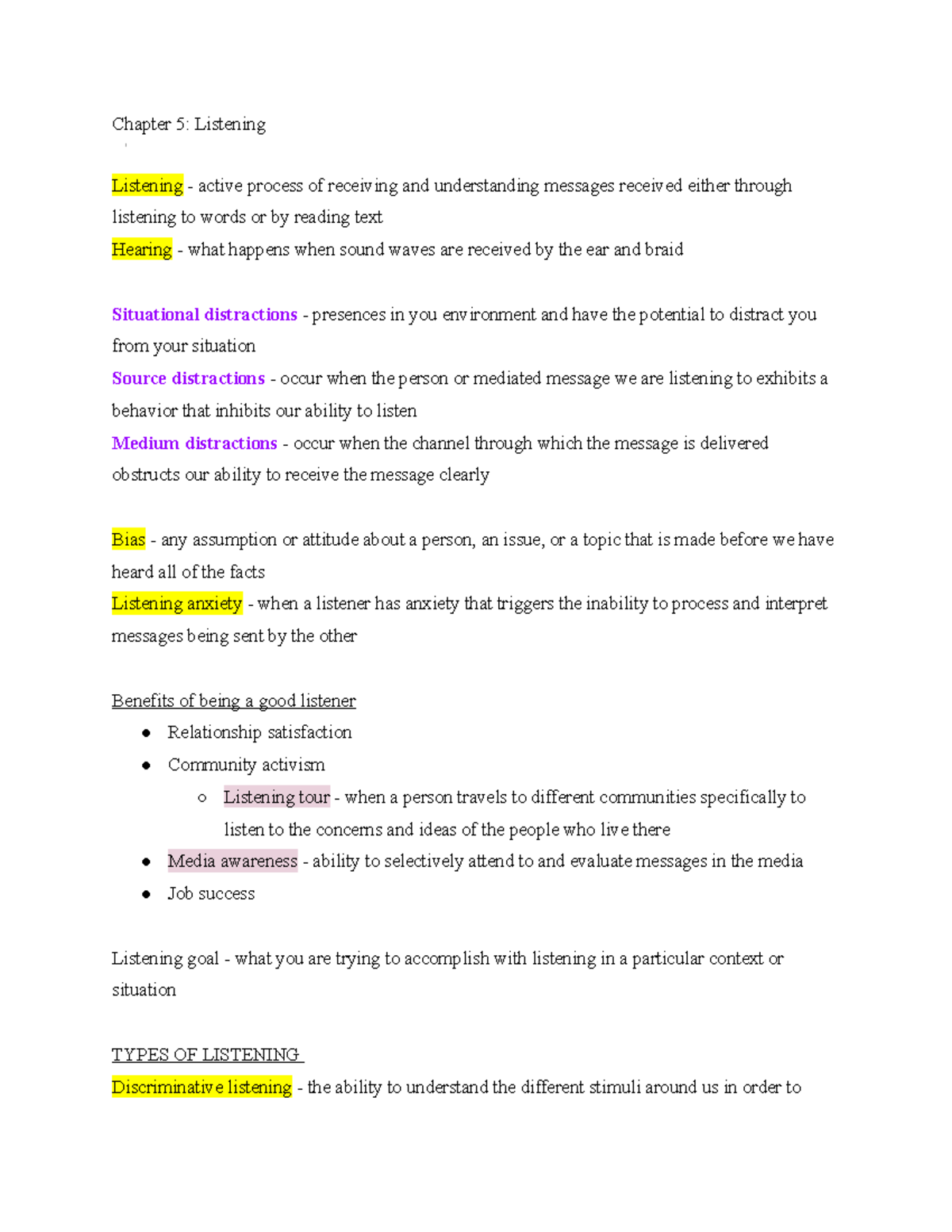 Chapter 5 textbook notes - Dr. Miles - Chapter 5: Listening Listening ...