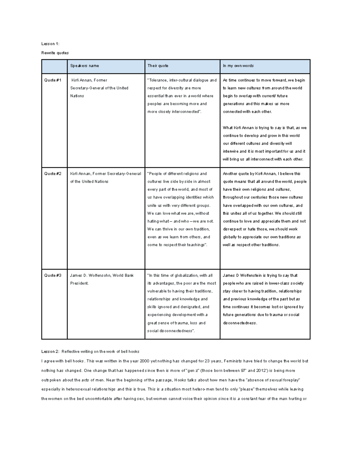 HSC4M unit 1 assignment - Lesson 1: Rewrite quotes Speakers name Their ...