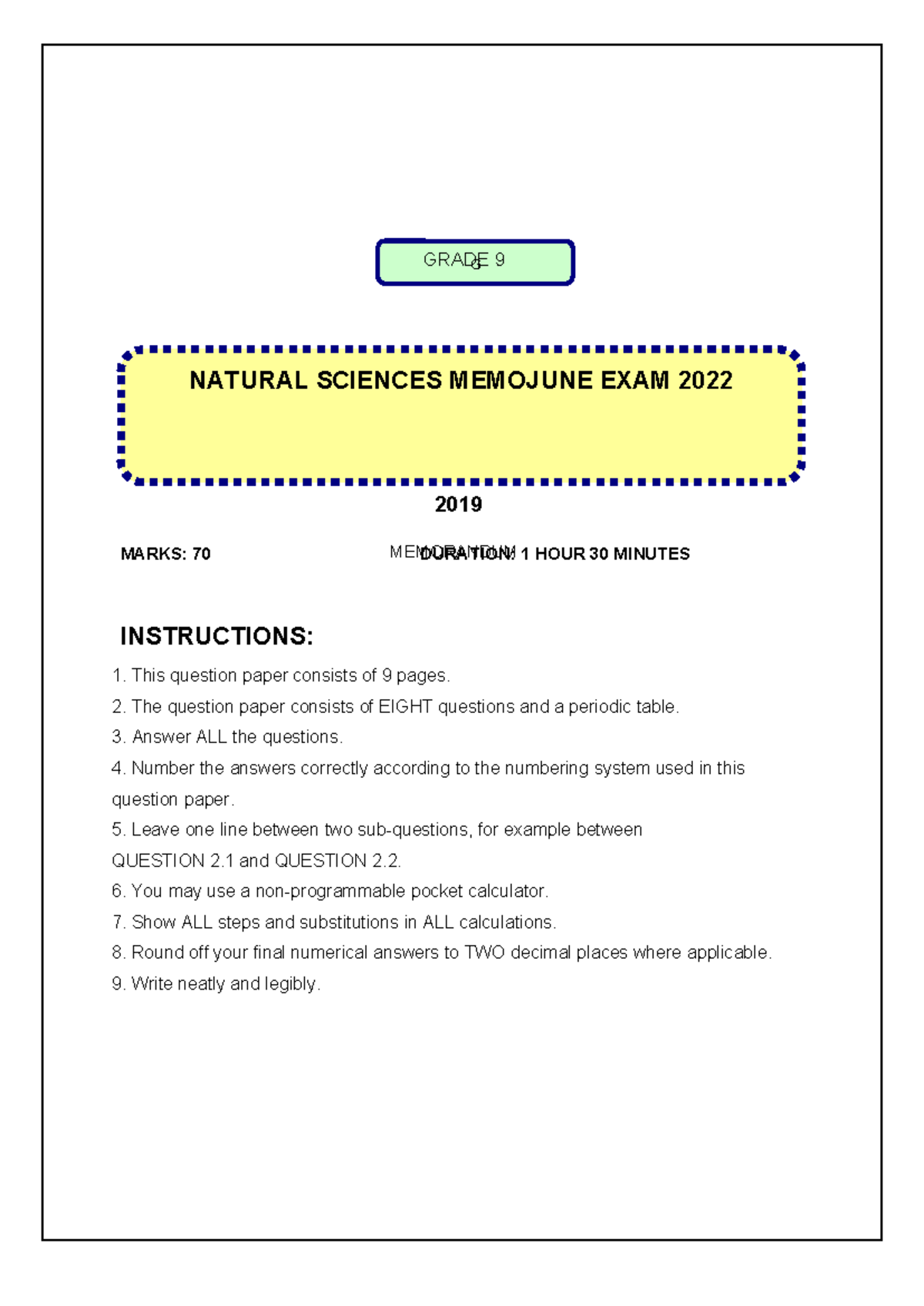 Grade 9 NS june test memo - MARKS: 70 DURATION: 1 HOUR 30 MINUTES ...