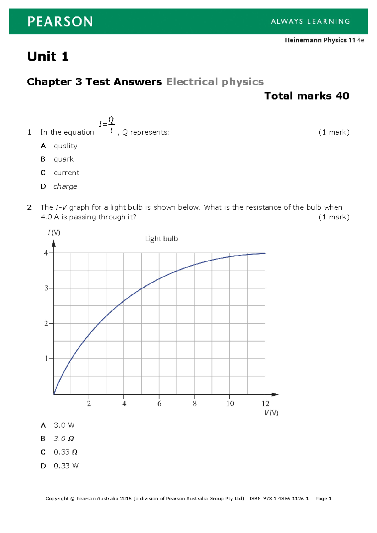 PH11 Ch03 Test Ans VIC - hlk - Unit 1 Chapter 3 Test Answers Electrical ...