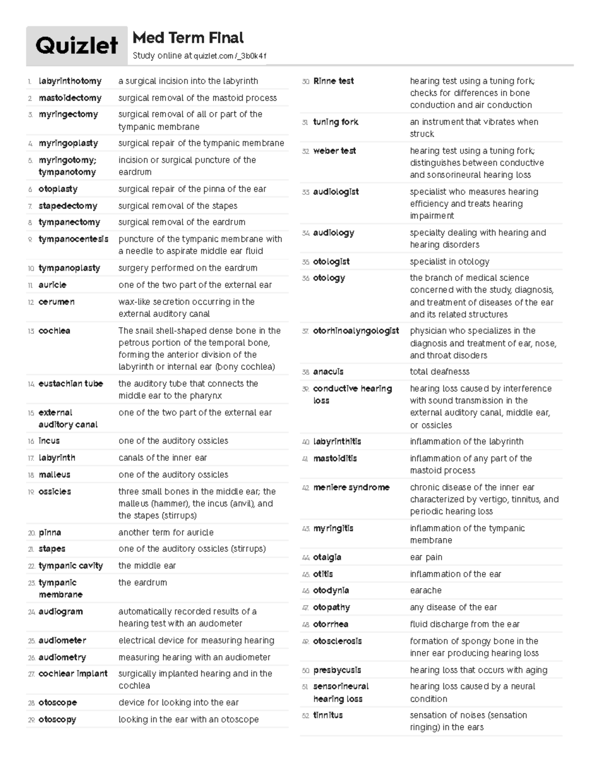 Med final quizlet tcop - notes - 1. labyrinthotomy a surgical incision ...
