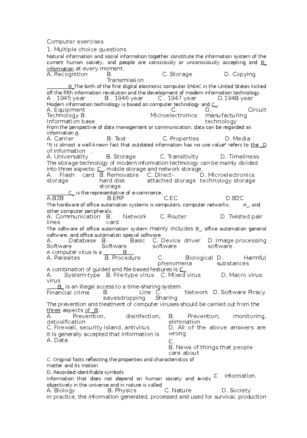 Instruction fetch - Computer course content - Computer exercises 1. Multiple choice questions ...