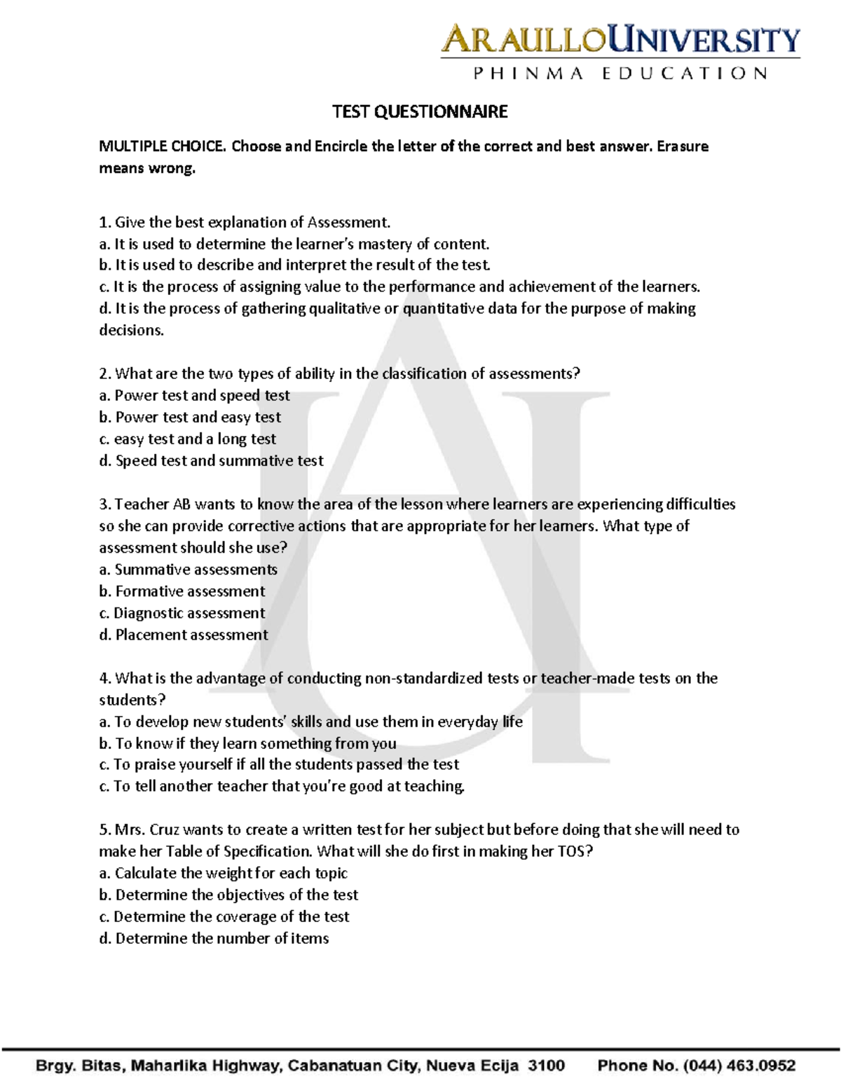 TEST- Questionnaire - TEST QUESTIONNAIRE MULTIPLE CHOICE. Choose and ...