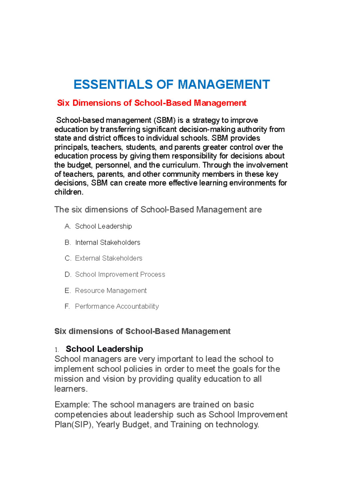 Notes Educational Management 3 - ESSENTIALS OF MANAGEMENT Six ...