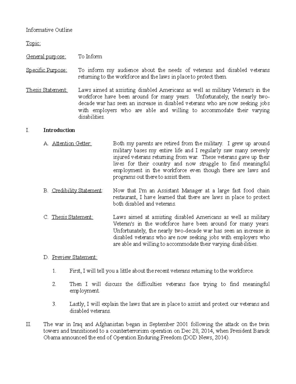 Veterans in the Workforce - Informative Outline Topic: General purpose ...