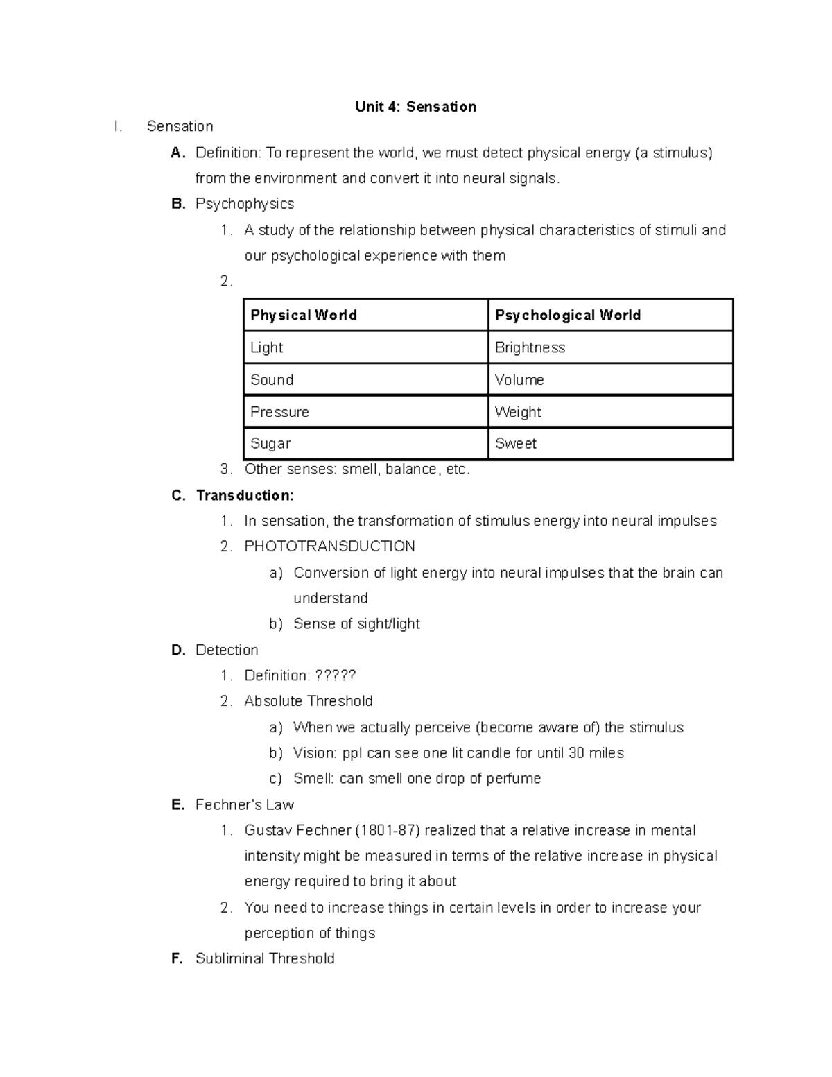 Unit 4A Sensation - notes - Unit 4: Sensation I. Sensation A ...